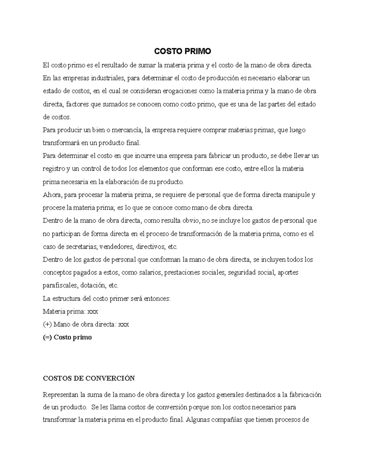 Conceptos Costo Primo Y DE Converción - COSTO PRIMO El costo primo es ...