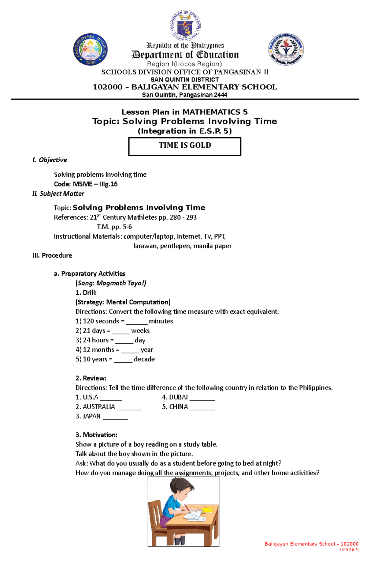 PROBLEM SOLVING INVOLVING TIME - Region I(Ilocos Region) SCHOOLS ...