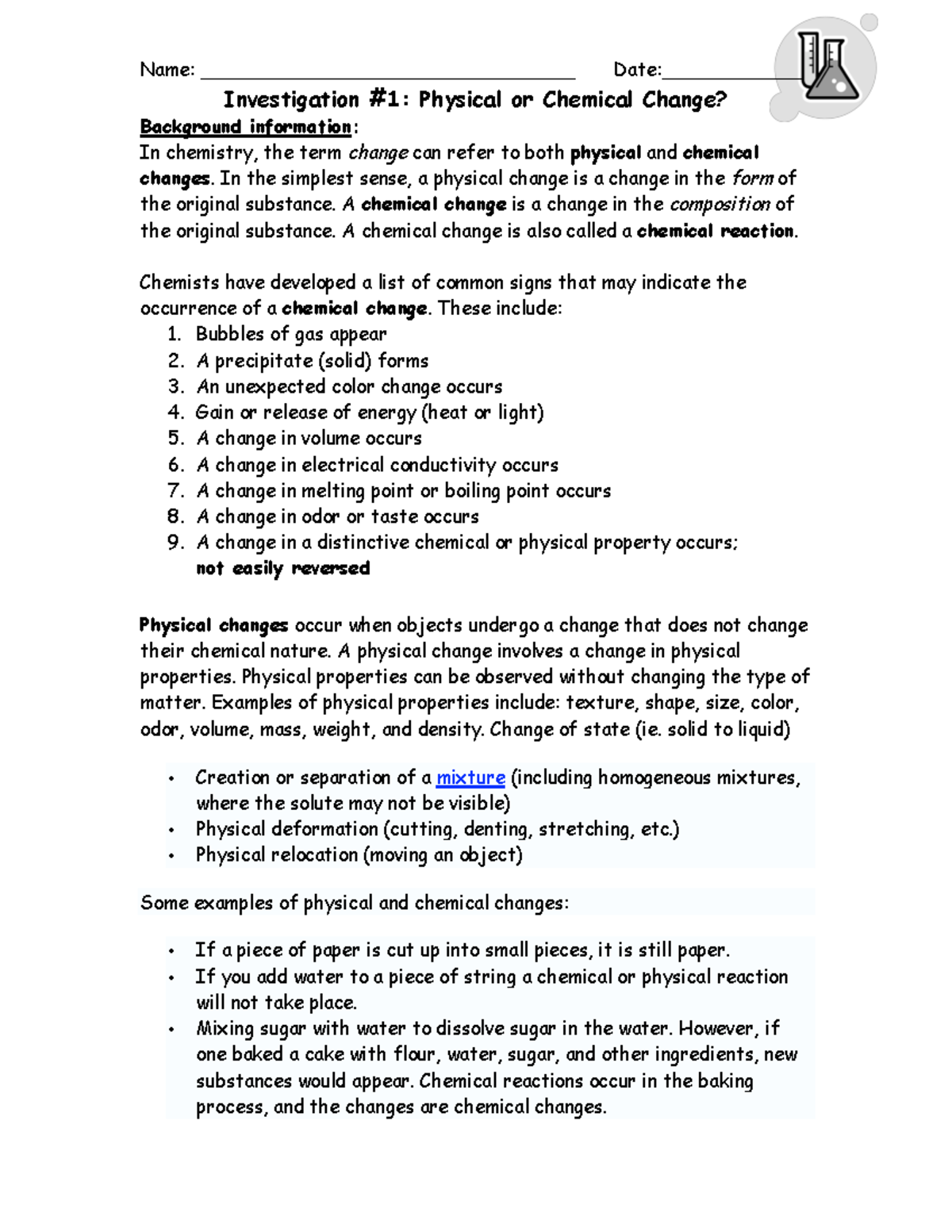 Labs Physical or Chemical Change - Investigation #1: Physical or ...