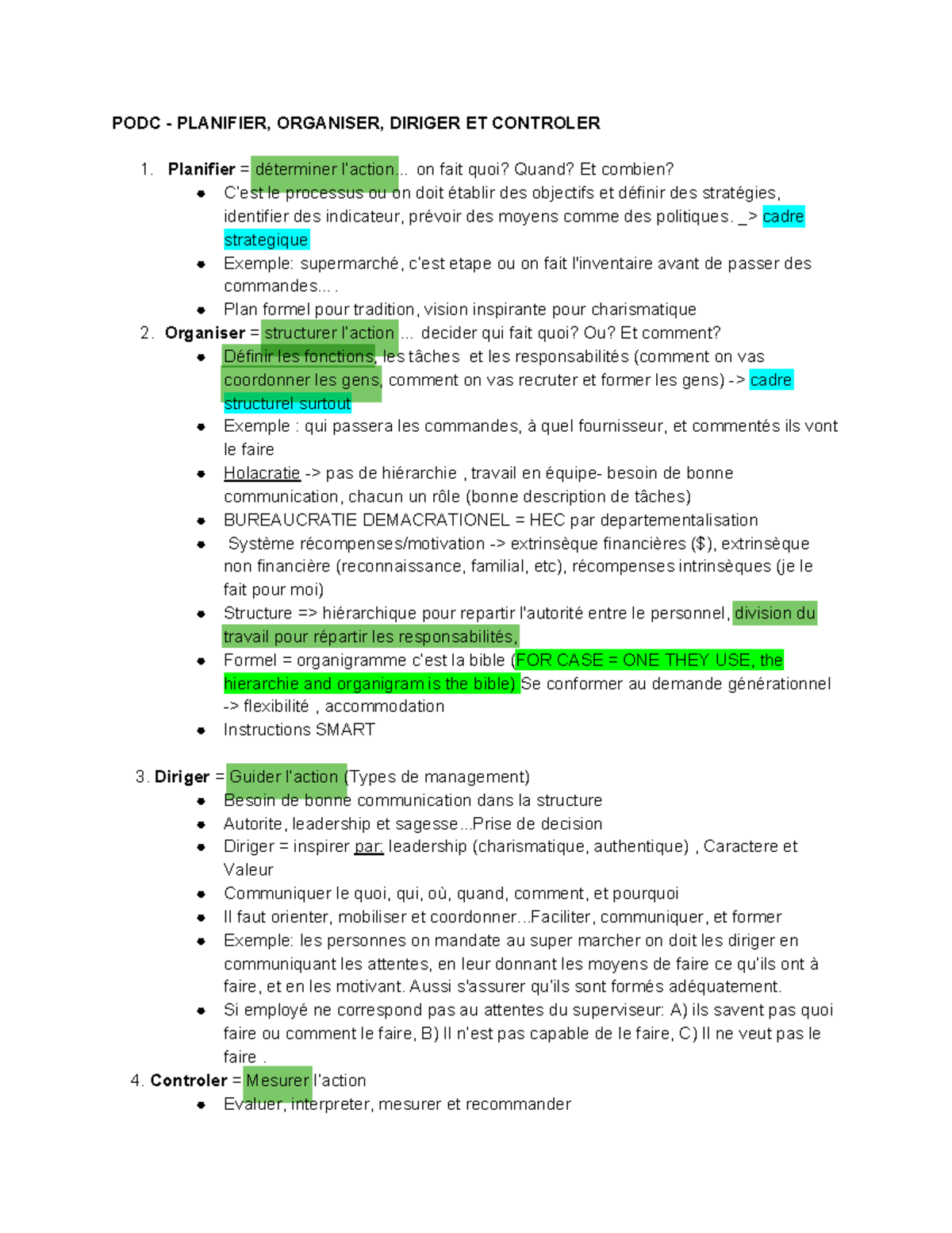 Management notes - PODC - PLANIFIER, ORGANISER, DIRIGER ET CONTROLER ...