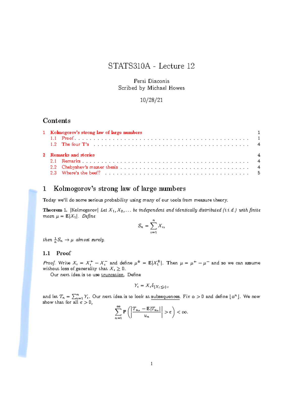 STATS 310A Lecture 12 - Theory of Probability - STATS310A - Lecture 12 ...