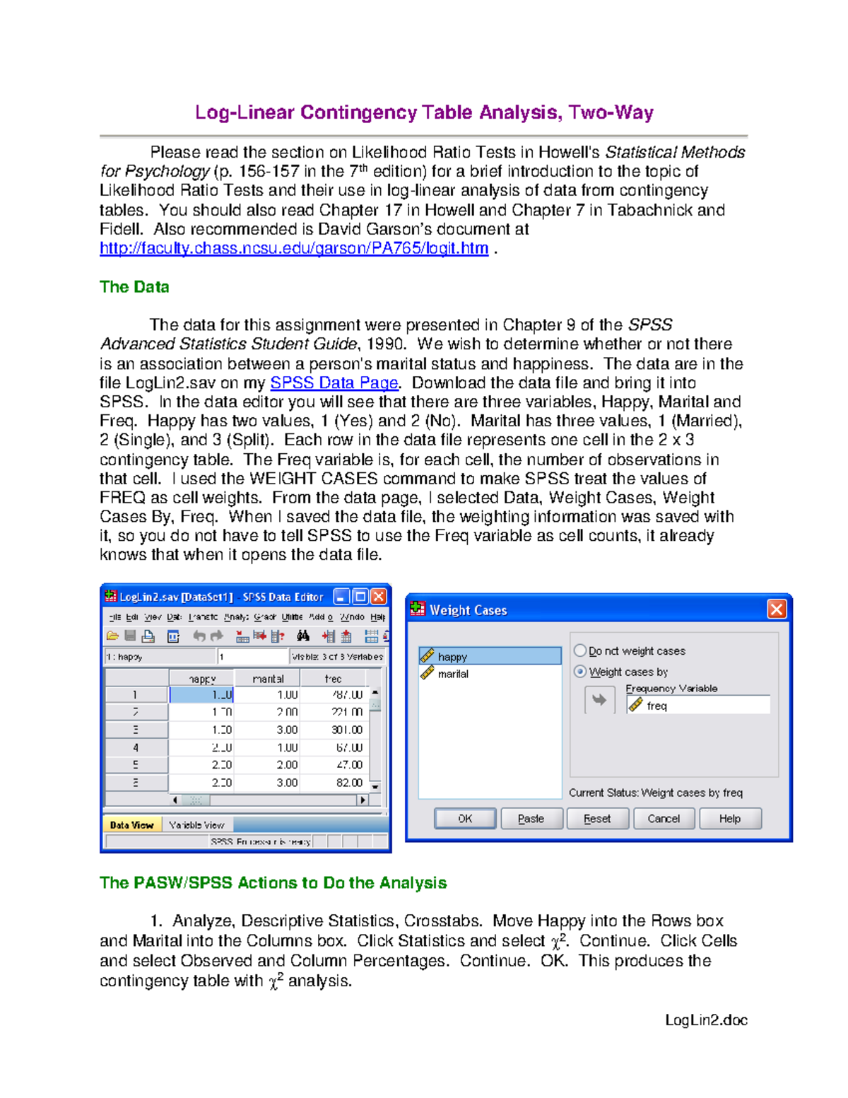 Log Linear Contingency Table Analysis Two Way Contingency Table Analysis Please Read The