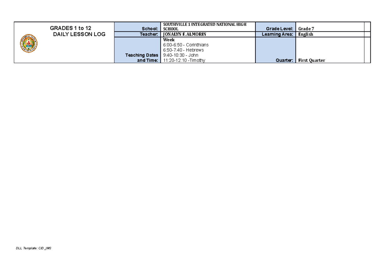 Week 2 1st Q - POWERPOINT - GRADES 1 to 12 DAILY LESSON LOG School ...