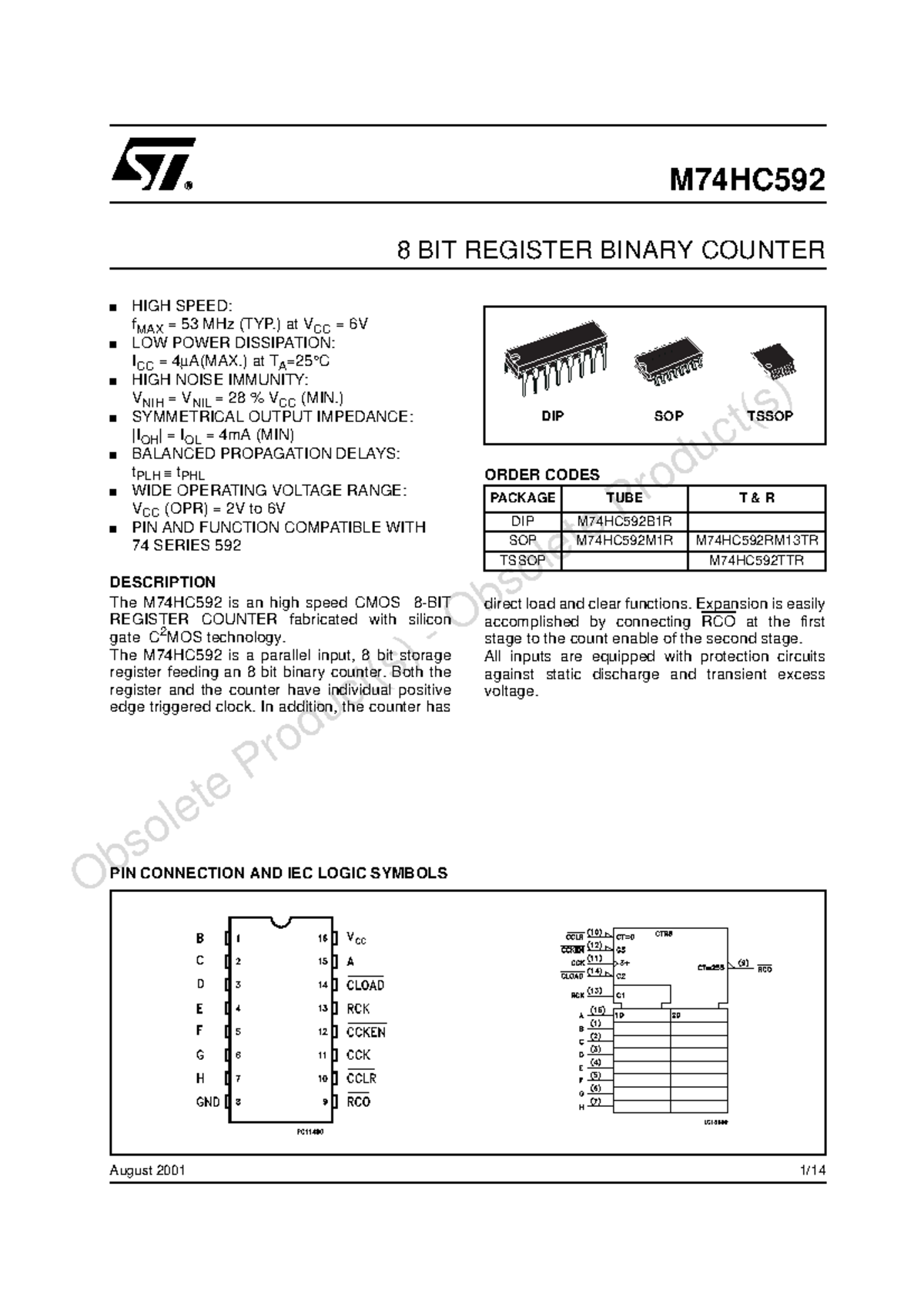 8 BIT REGISTER BINARY COUNTER - August 2001 1/ n HIGH SPEED: f MAX = 53 ...
