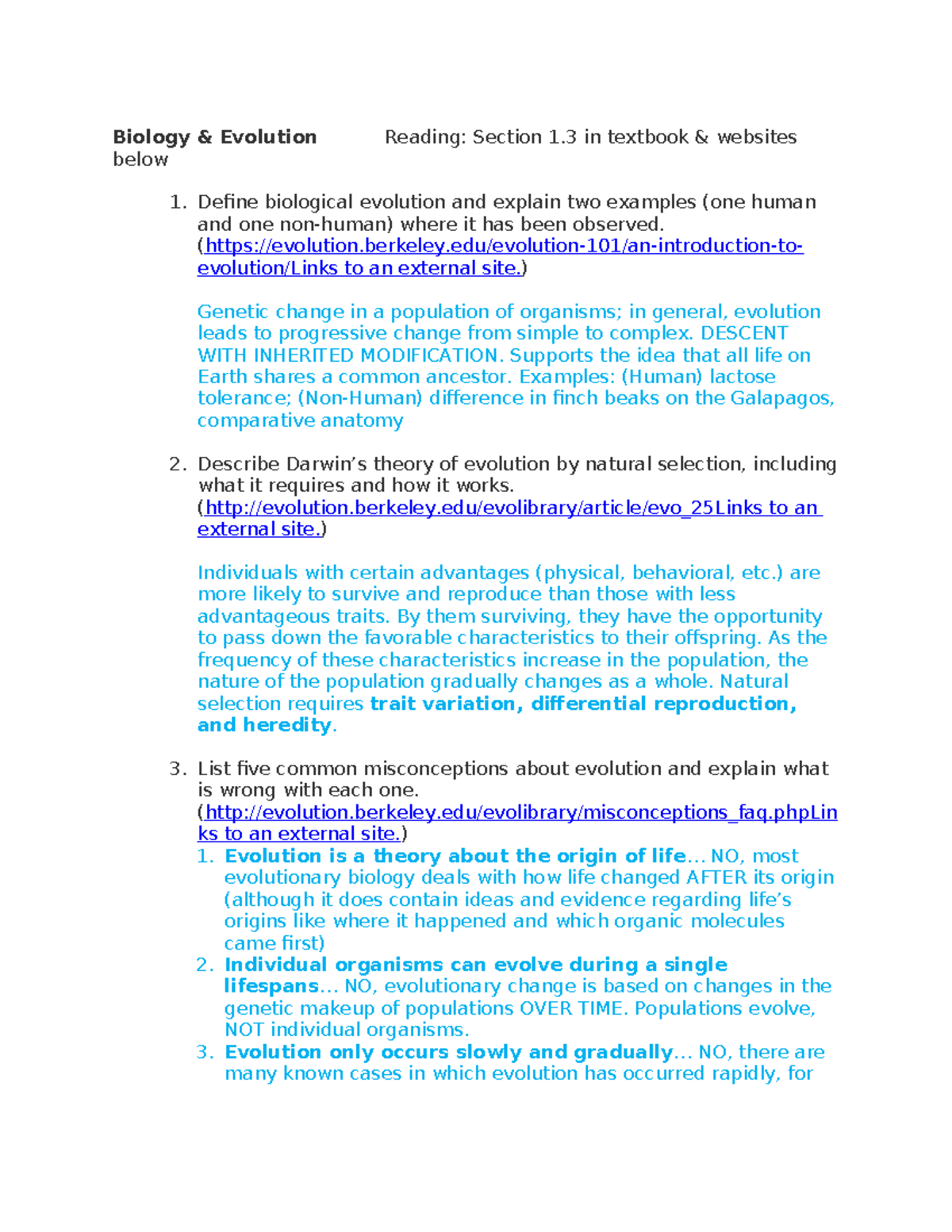 Learning Outcomes for August 23 - Biology & Evolution Reading: Section ...