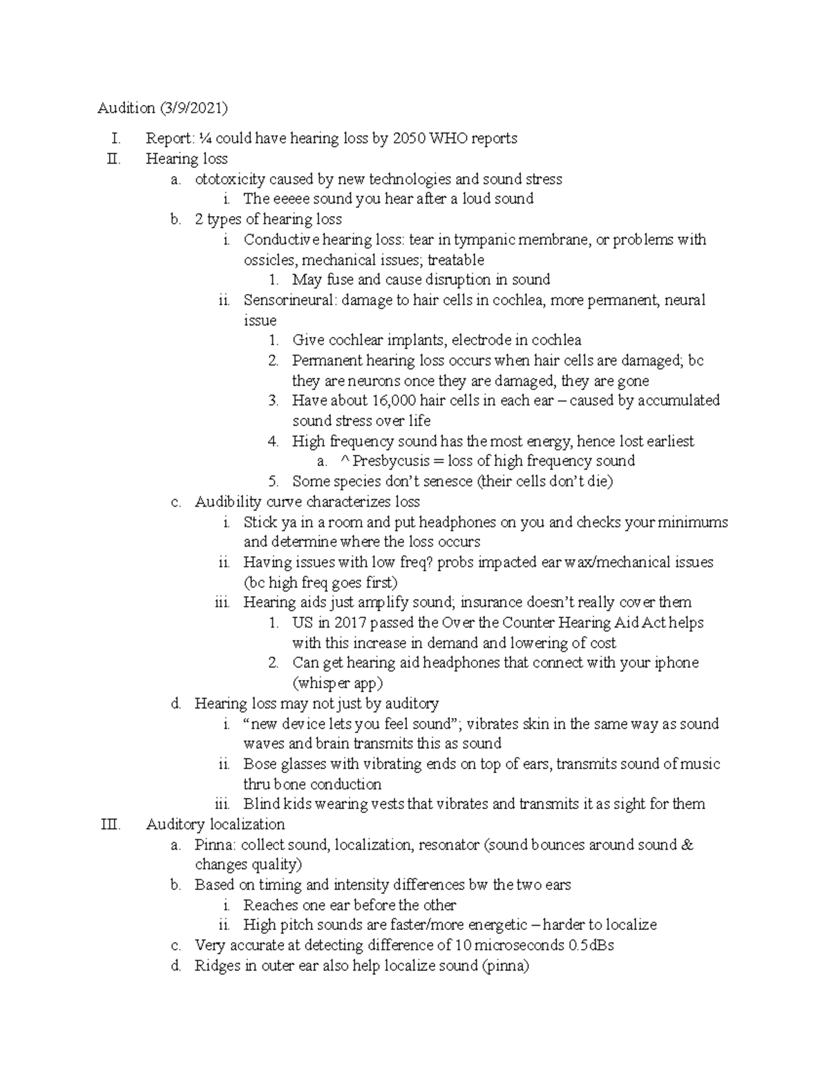 Audition Sensation Notes - Audition (3/9/2021) I. Report: ¼ could have ...