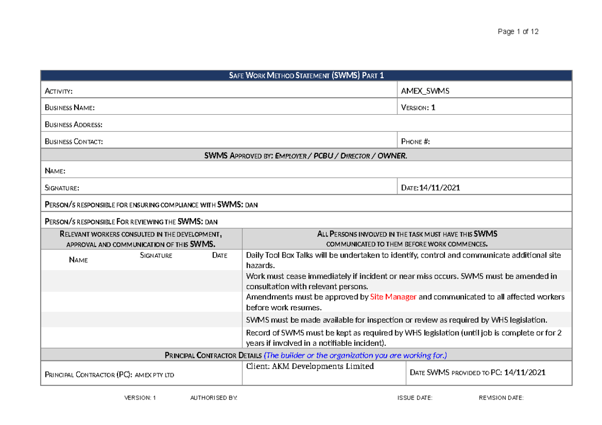 Amex swms-converted - swms - CPC40110 - TAFE NSW - Studocu