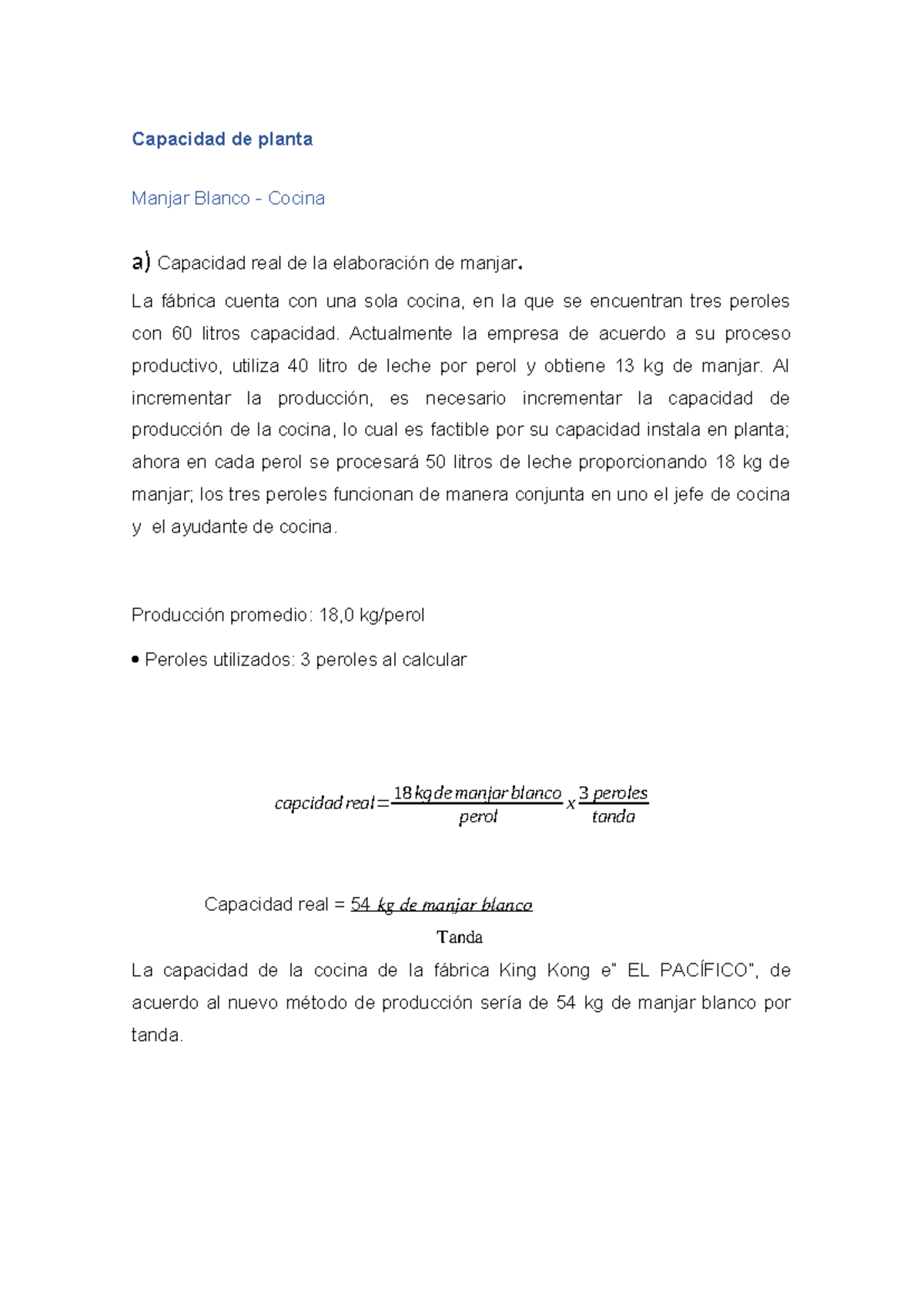 Capacidad de planta - Capacidad de planta Manjar Blanco - Cocina a ...
