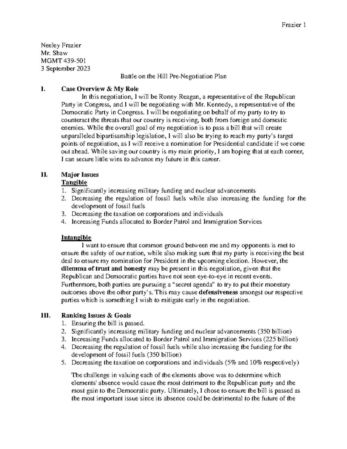 Battle on the Hill Pre-Negotiation Plan - Neeley Frazier Mr. Shaw MGMT ...