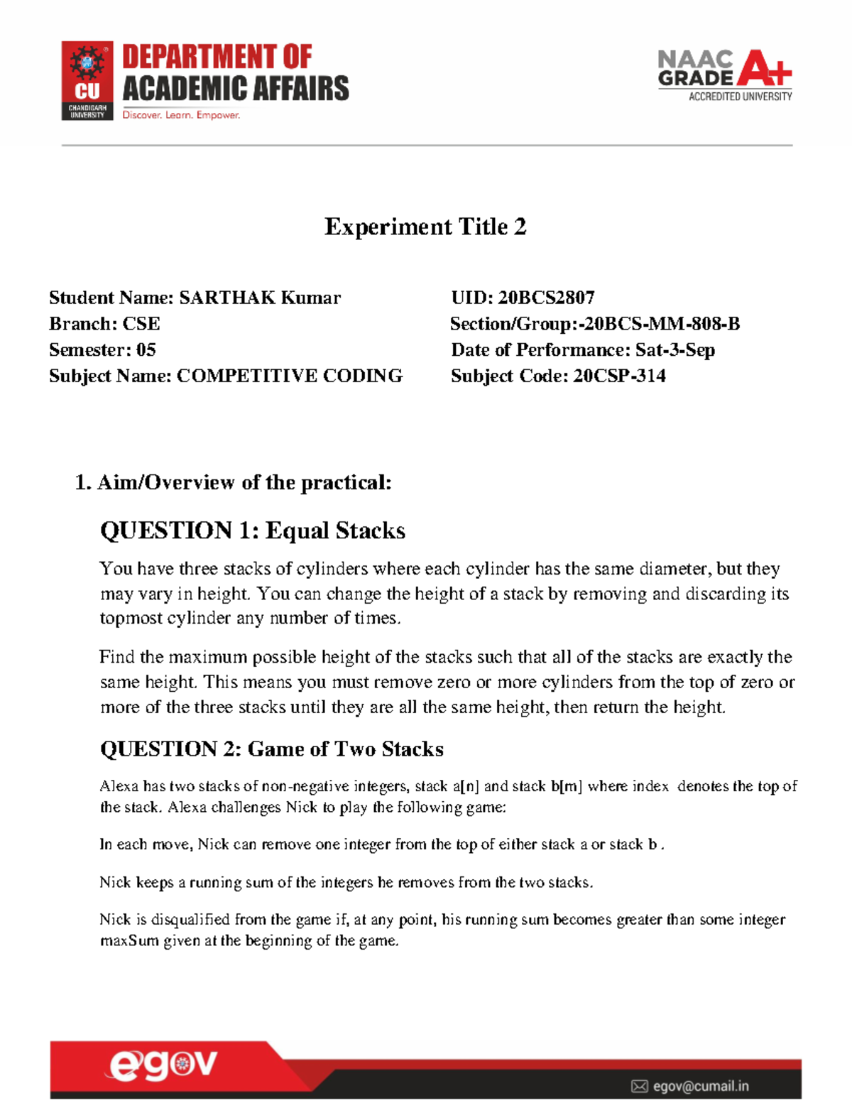 CC2 Sarthak - Experiment Title 2 Student Name: SARTHAK Kumar UID: 20BCS Branch: CSE - Studocu