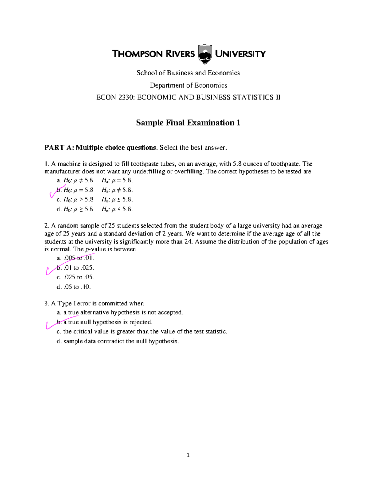 2 Sample Final SET A - School of Business and Economics Department of ...