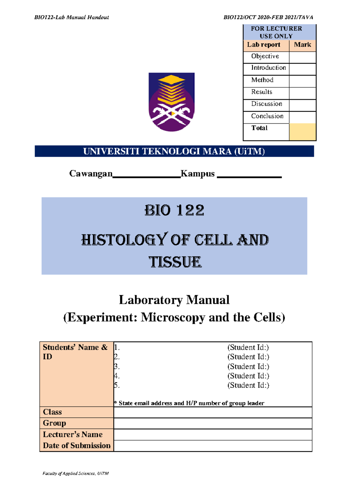 1.0 Laboratory Manual BIO122 latest - BIO122/OCT 2020-FEB 2021/TAVA ...