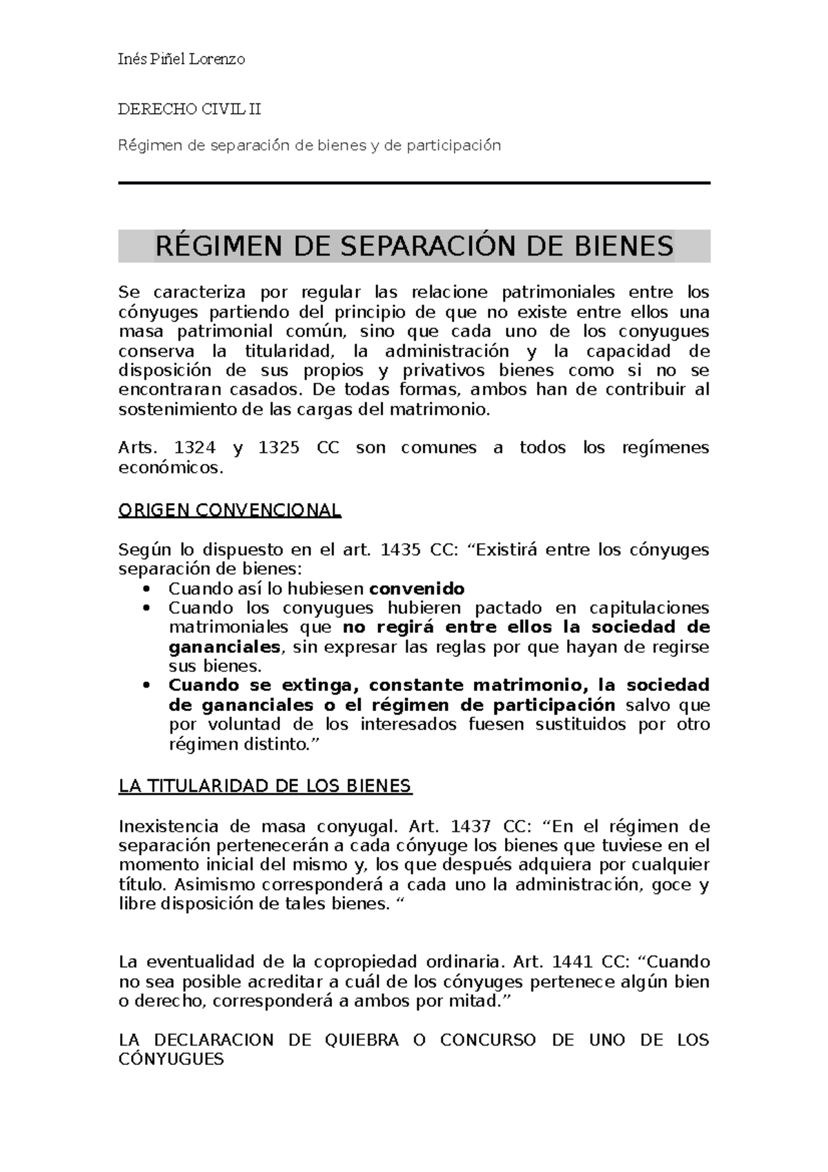 Deberes 25 octubre - REGIMEN MATRIMONIAL - Inés Piñel Lorenzo DERECHO ...