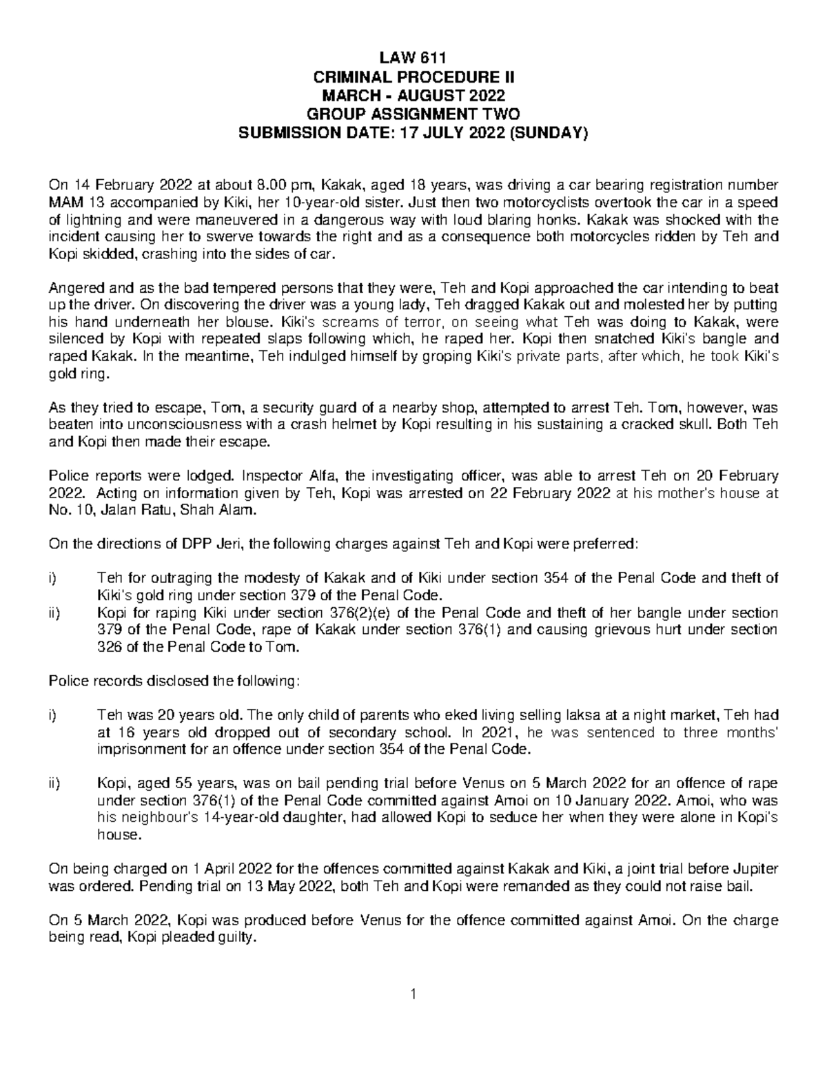 LAW611 Group Assignment 2 March- August 2022 - 1 LAW 611 CRIMINAL ...