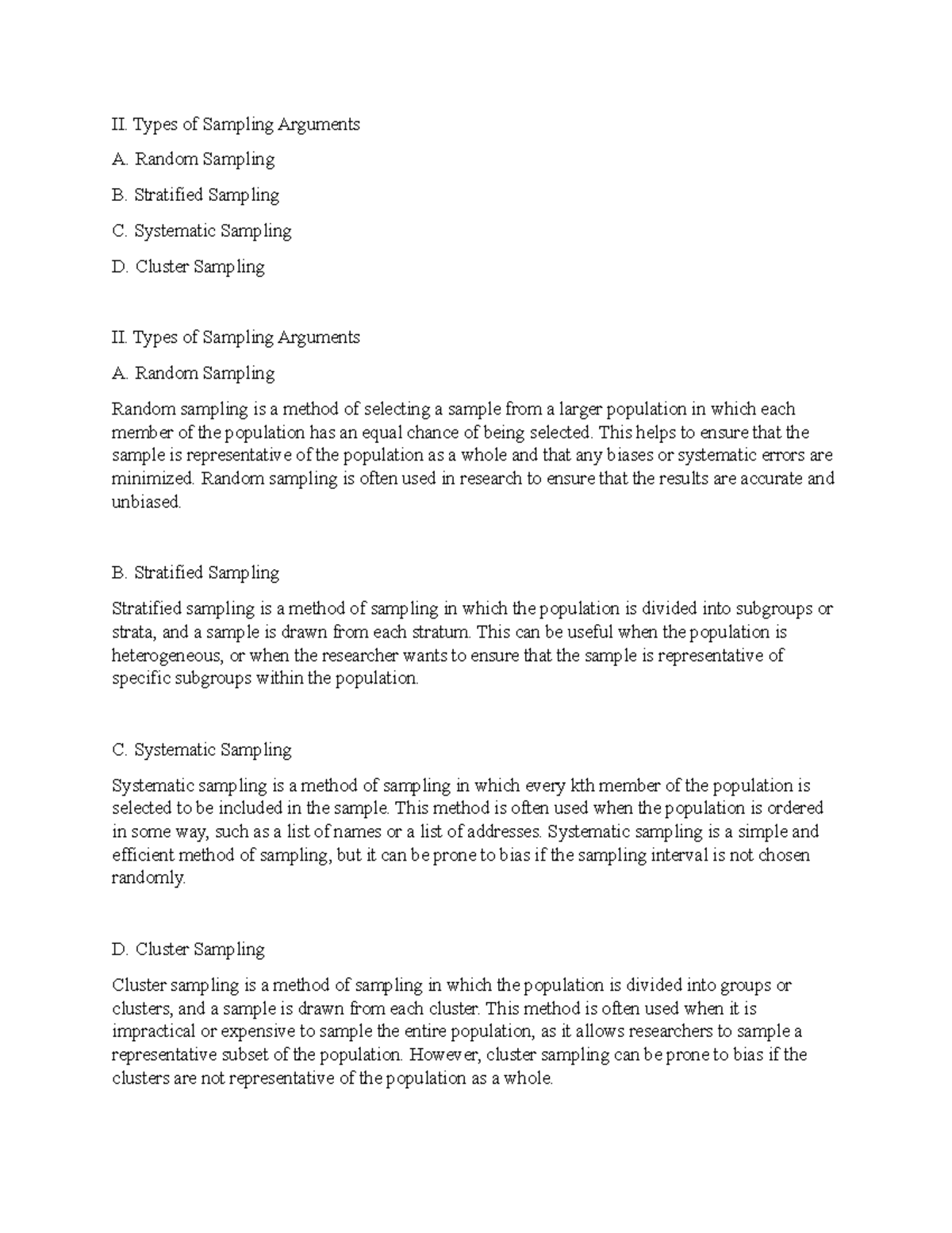Sampling arguments 2 - II. Types of Sampling Arguments A. Random Sampling B. Stratified Sampling ...
