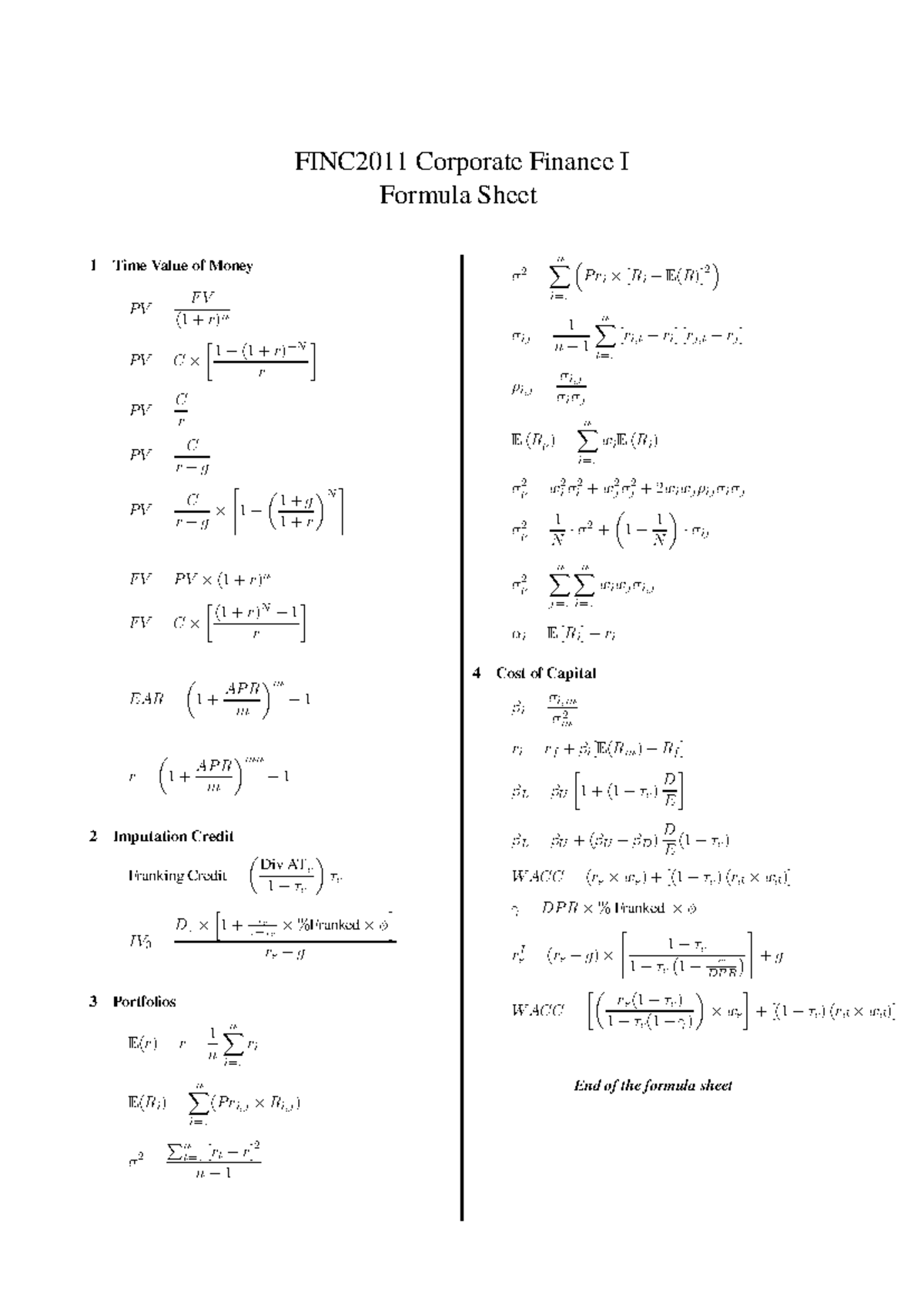 Formula Sheet (Final Version) - FINC 2011 Corporate Finance I Formula ...