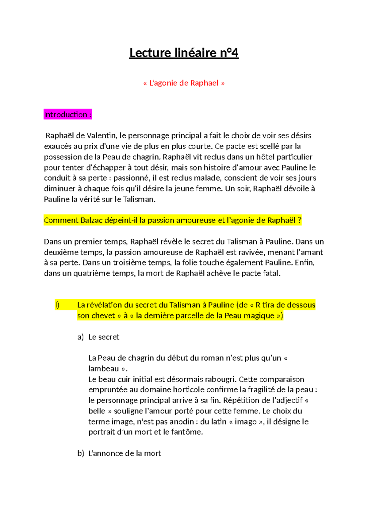 Lecture linéaire n4 - oui - Lecture linéaire n° « L’agonie de Raphael ...