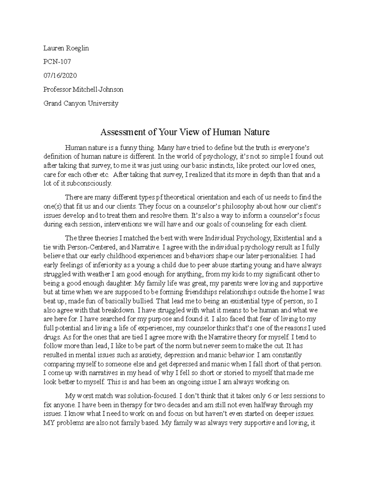 Assessment of your view of human nature - Lauren Roeglin PCN- 07/16 ...