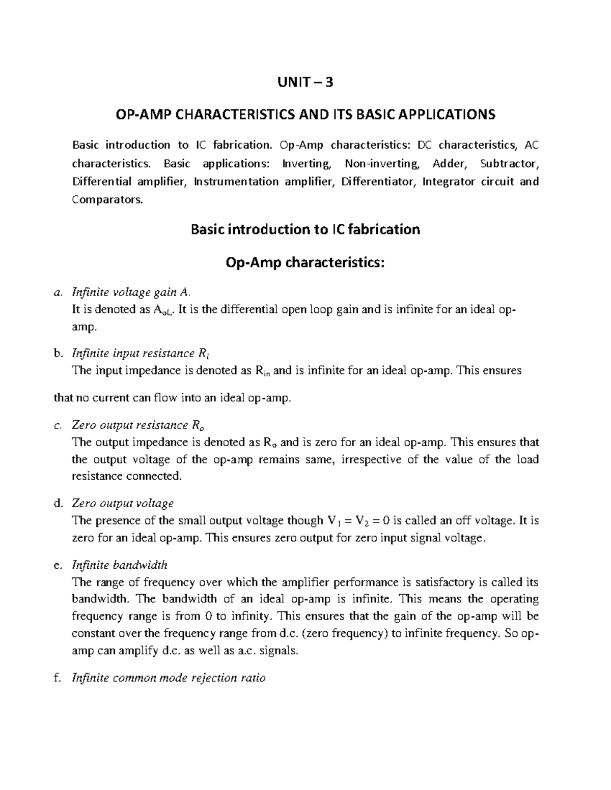 Op-Amp Characteristics - UNIT – 3 OP-AMP CHARACTERISTICS AND ITS BASIC APPLICATIONS Basic - Studocu