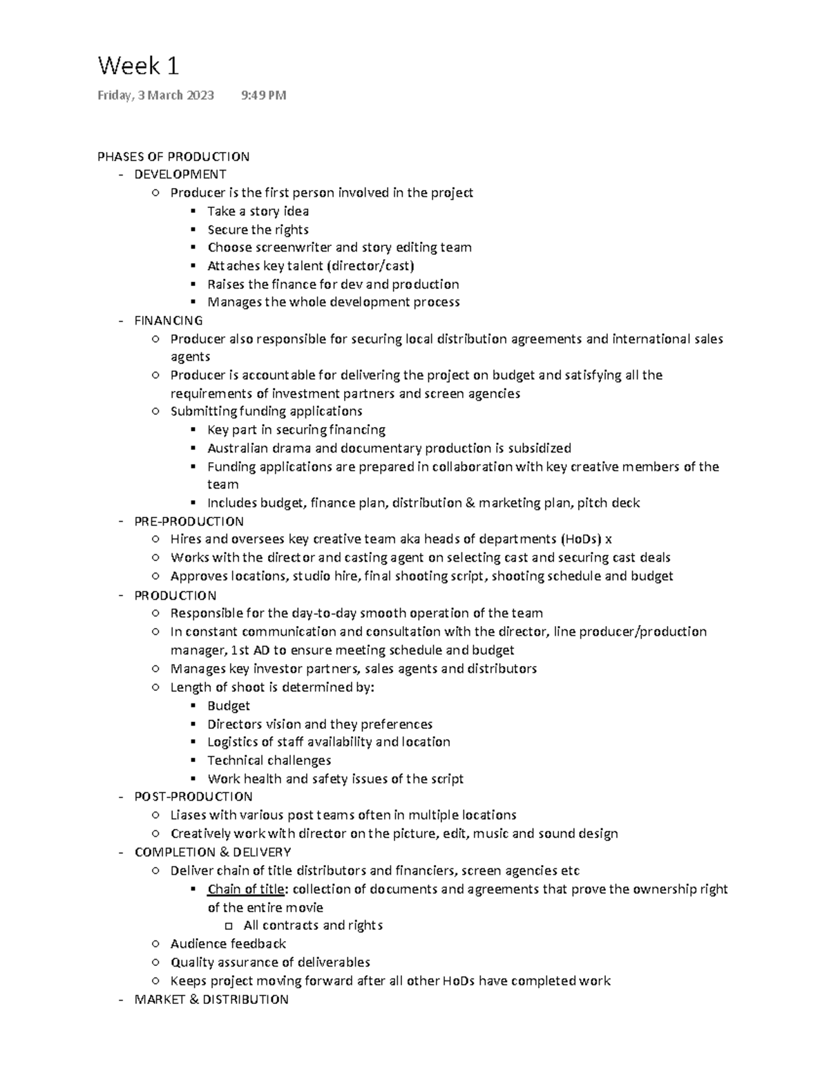 MM1 - Week 1 Lecture Notes - PHASES OF PRODUCTION DEVELOPMENT Producer ...
