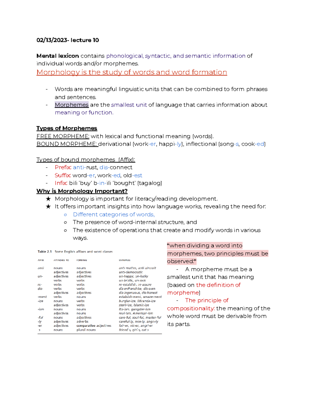 Lin 401 lecture 10 Morphology 1 - 02/13/2023- lecture 10 Mental lexicon contains phonological ...