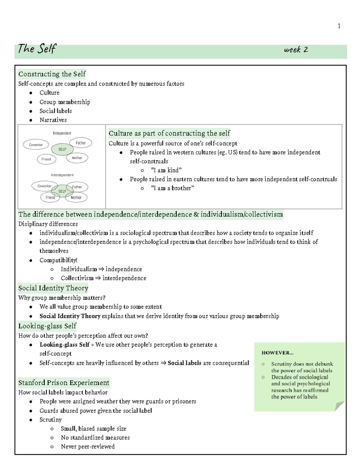 Social Psych Notes - The we 2 Constructing the Self Self-concepts are ...