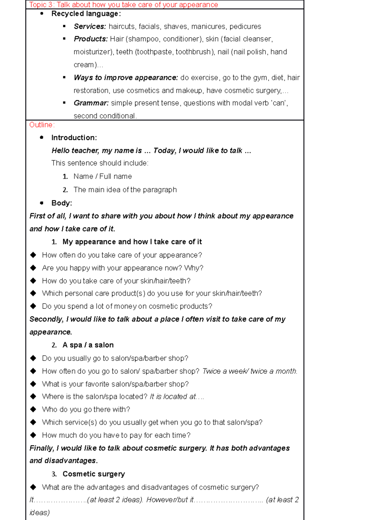 ENT2226 Topic 3 Writing Format - Topic 3: Talk about how you take care of your appearance ...