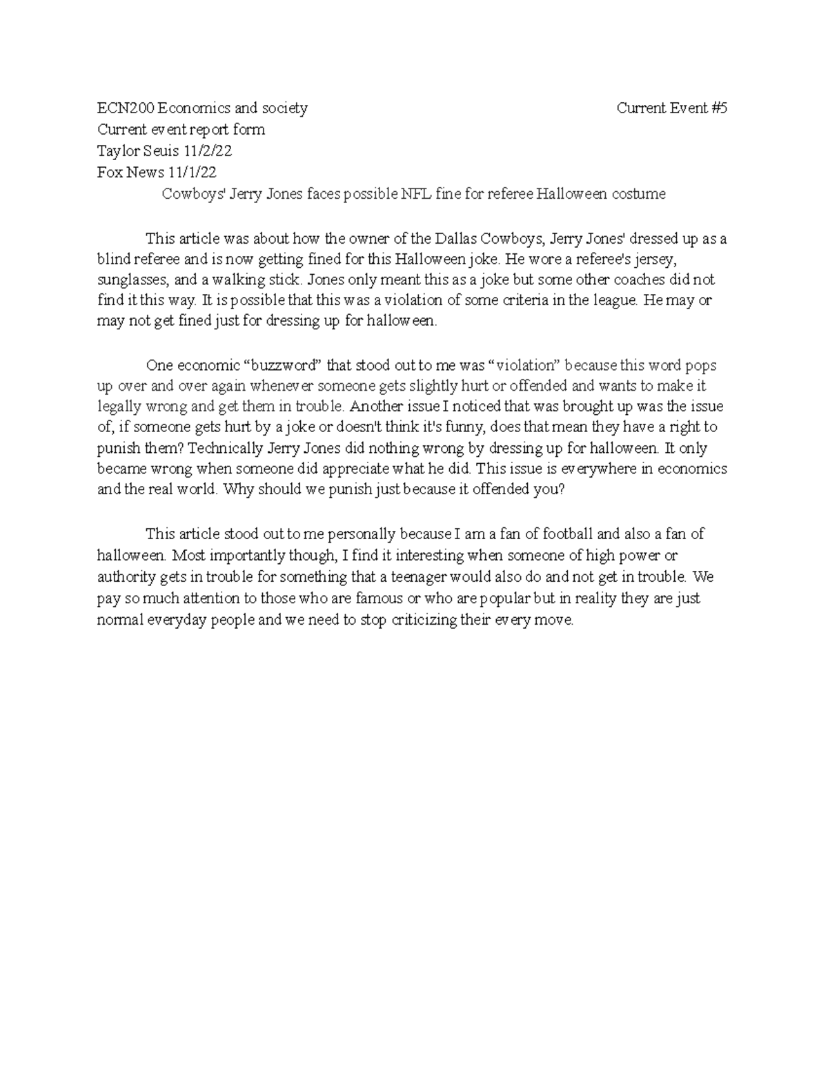 Current Event #5 - ECN200 Economics and society Current Event # Current ...