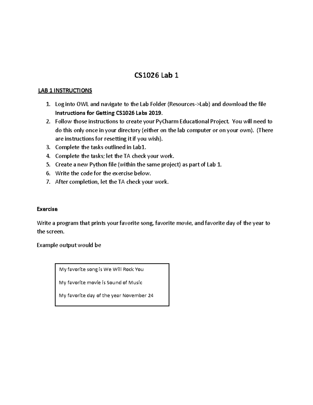 Lab 1 - Lab 1 of 11 - CS1026 Lab 1 LAB 1 INSTRUCTIONS Log into OWL and ...