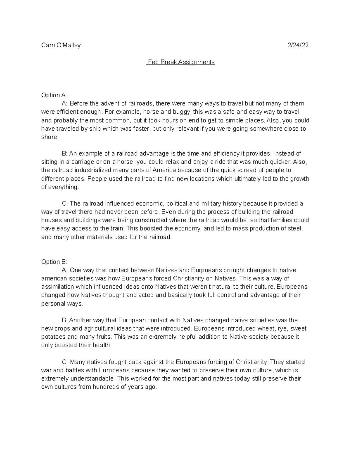 Cameron O'Malley - February Break Assignment - Cam O’Malley 2/24/ Feb ...