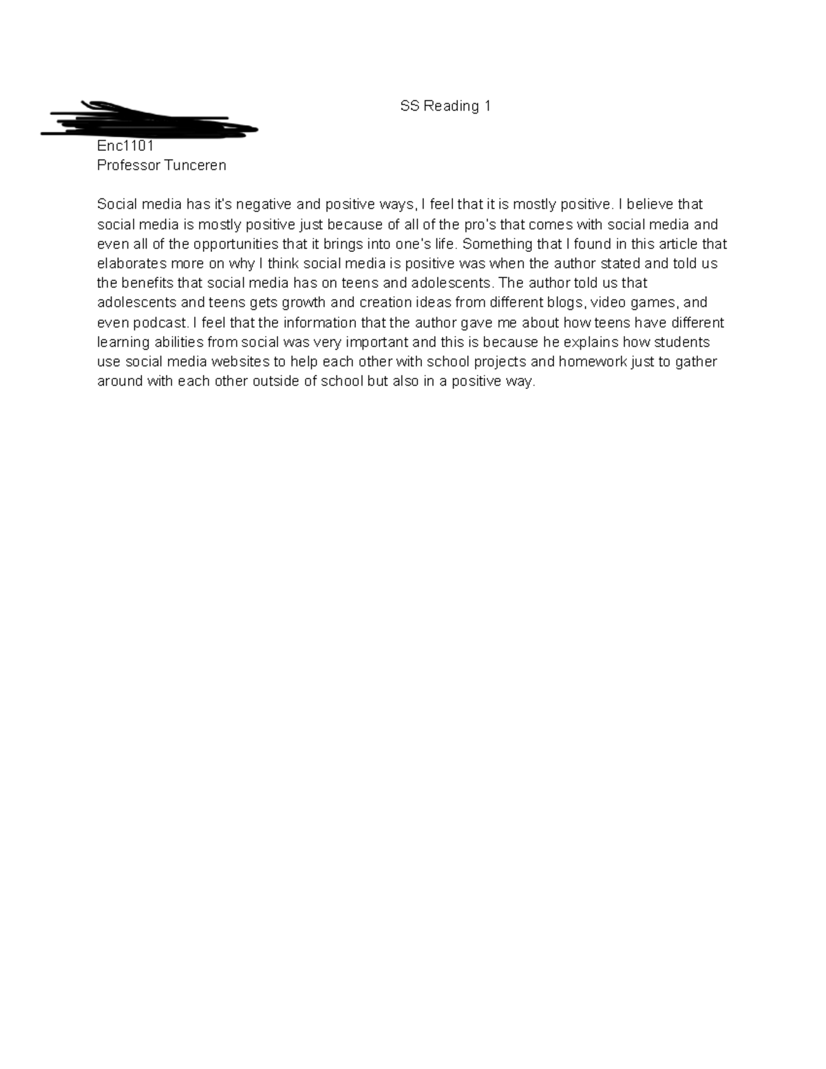 Ss reading 1 - SS Reading 1 Kamia Byrd Enc Professor Tunceren Social ...