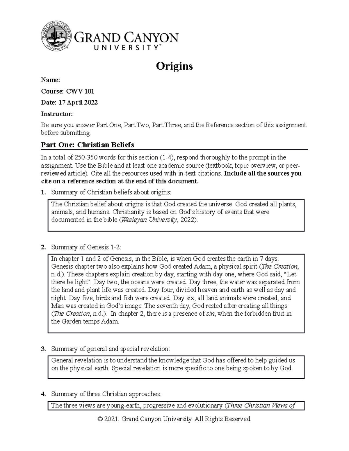 Origins - Origins Name: Course: CWV- Date: 17 April 2022 Instructor: Be ...