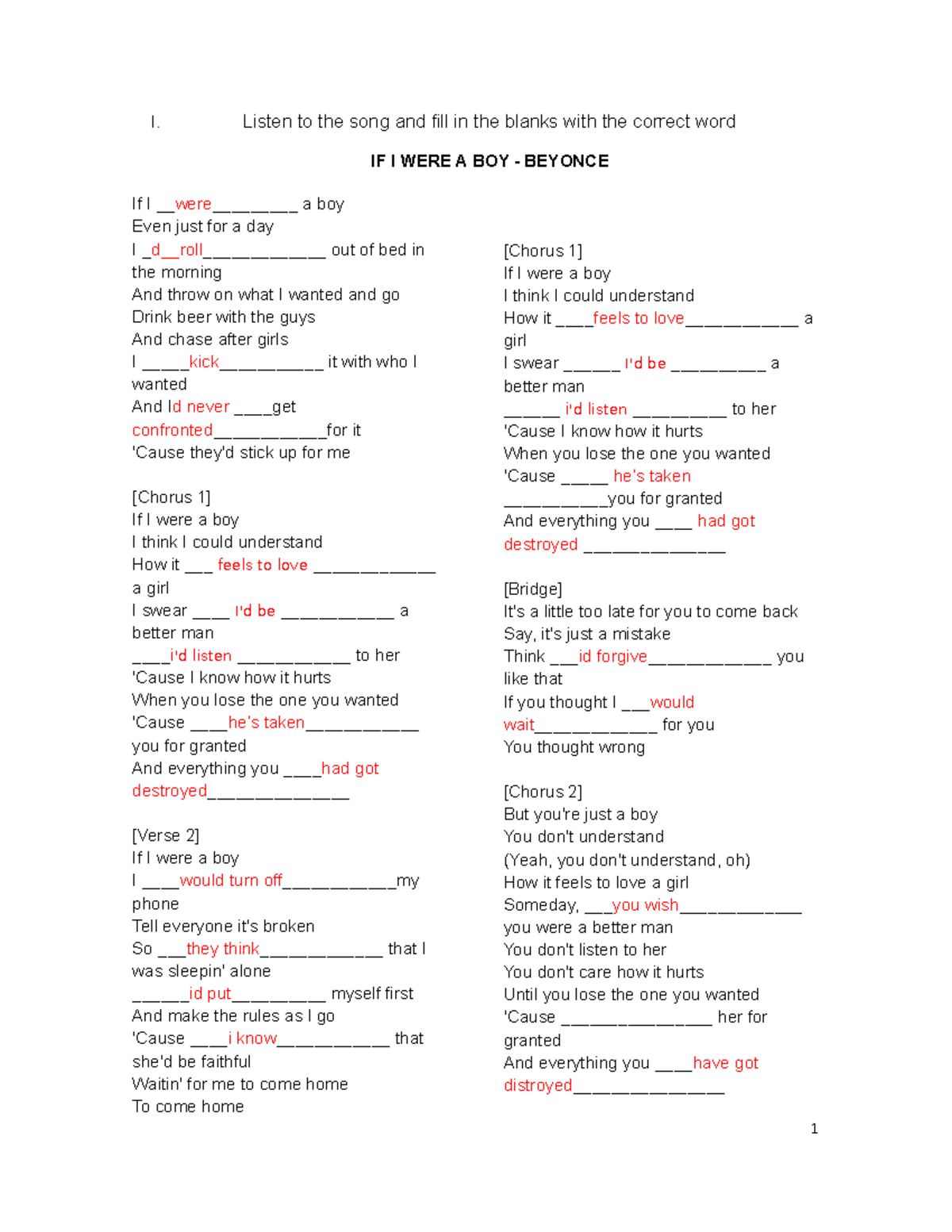 Song by beyonce activity 9 module 5 english level 5 - I. Listen to the ...