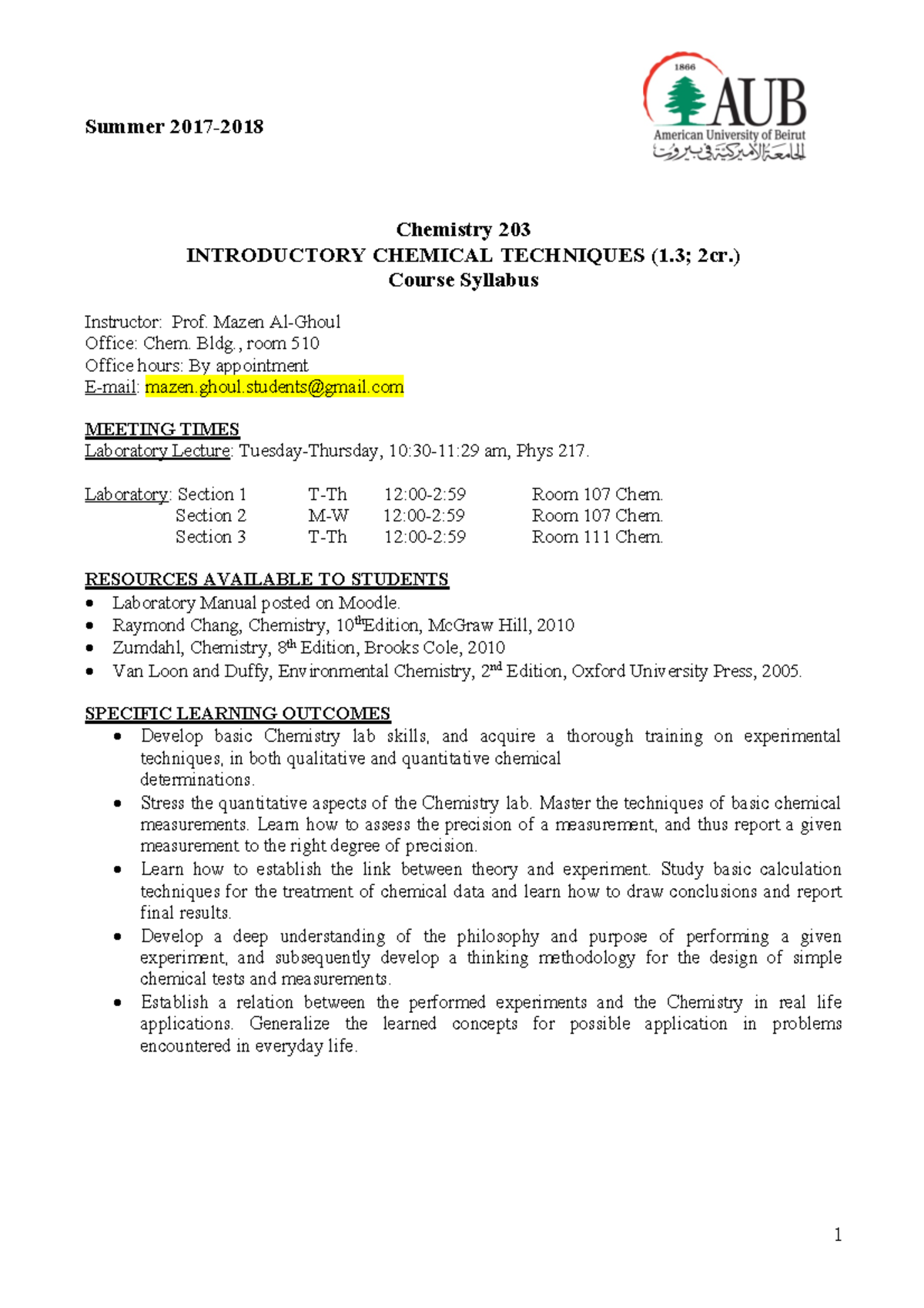 Chem 203 syllabus Summer 2018 - Warning: TT: undefined function: 32 Summer 2017- Chemistry 203 ...
