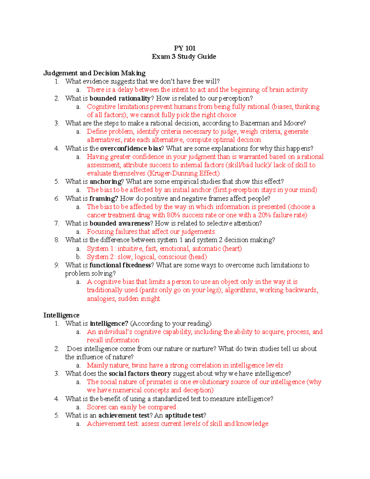Exam 3 Study Guide - instructor: Cassie Whitt - PY 101 Exam 3 Study ...