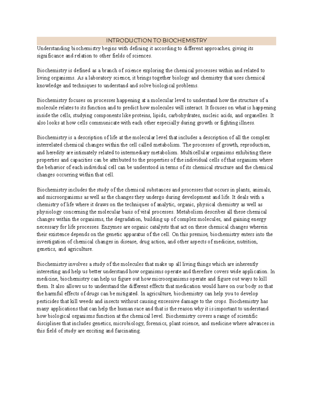 M1L1: Introduction to Biochemistry - INTRODUCTION TO BIOCHEMISTRY ...