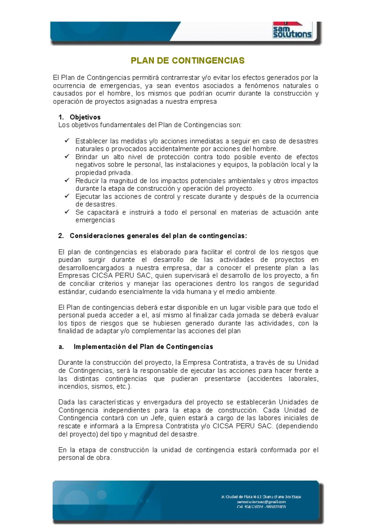 PLAN DE Contingencias SAM Solutions - PLAN DE CONTINGENCIAS El Plan de Contingencias permitirá ...