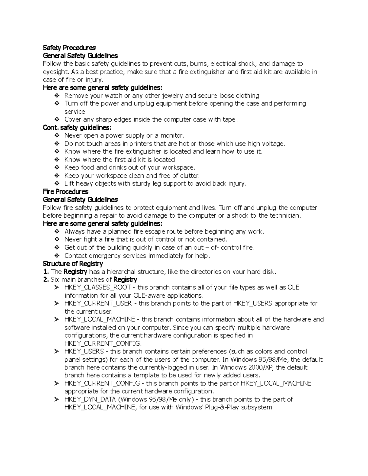 Comp handout - Lecture notes 1 - Safety Procedures General Safety ...