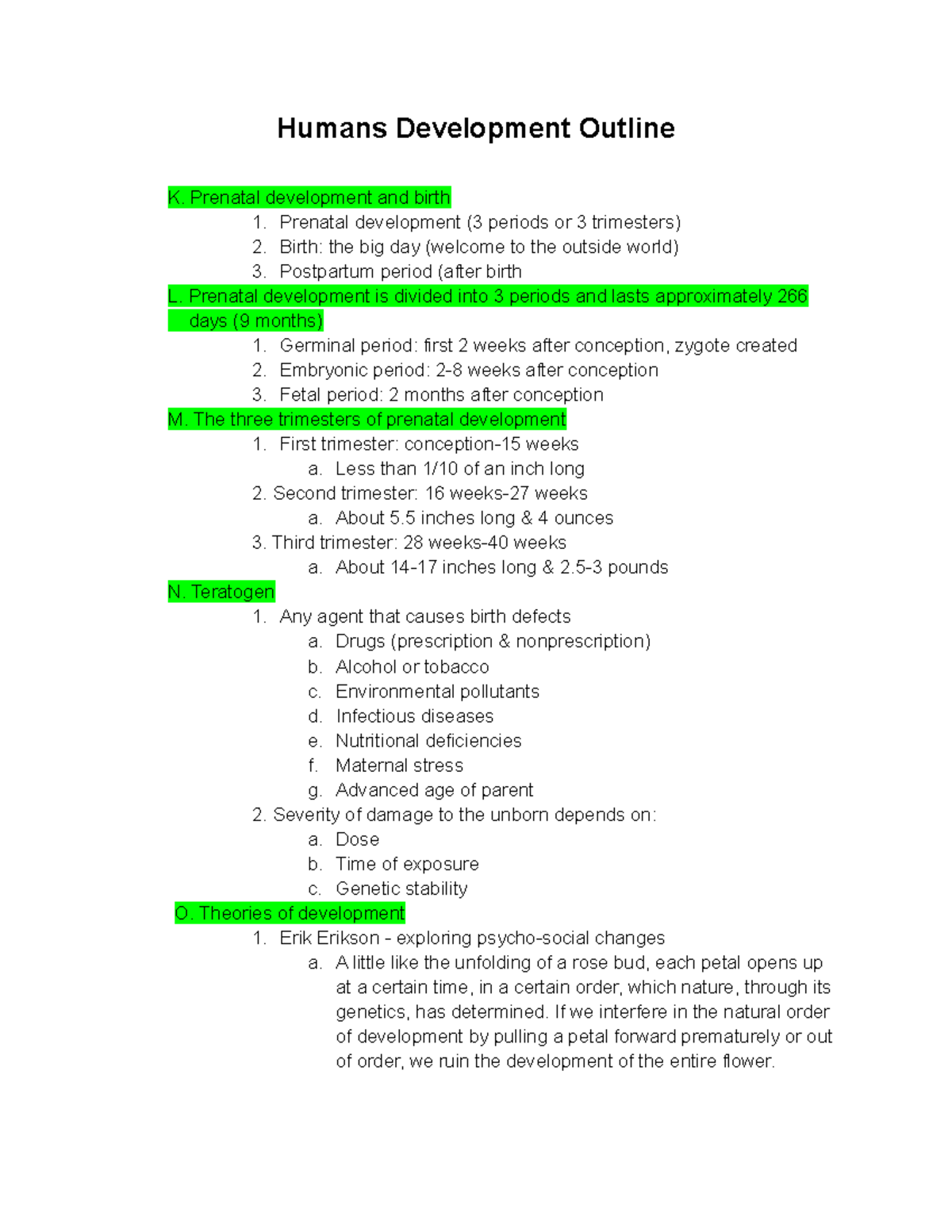 Human development Outline - Prenatal development and birth 1. Prenatal ...