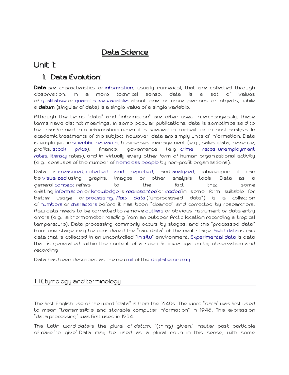 Data Science unit 1 - DataScience Unit 1 : 1 .DataEvolution: Dataare - Studocu