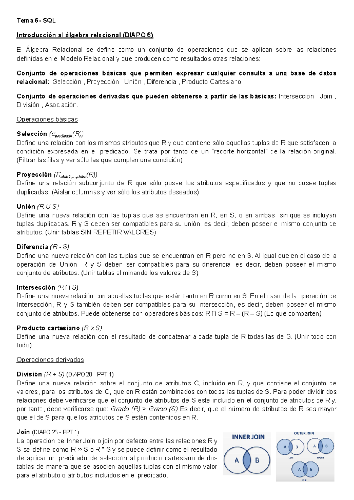 T6-SQL - sql - Tema 6- SQL Introducción al álgebra relacional (DIAPO 6) El Álgebra Relacional se ...