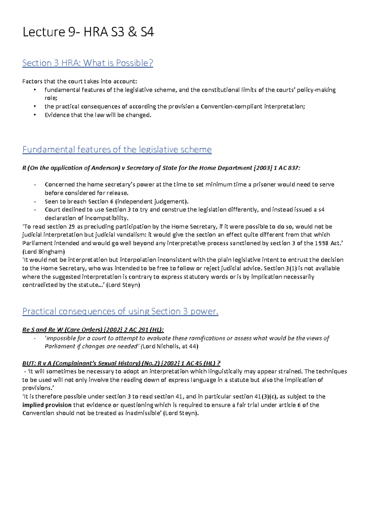 Human Rights Act Section 3 and Section 4 Lecture 9 notes - Lecture 9 ...