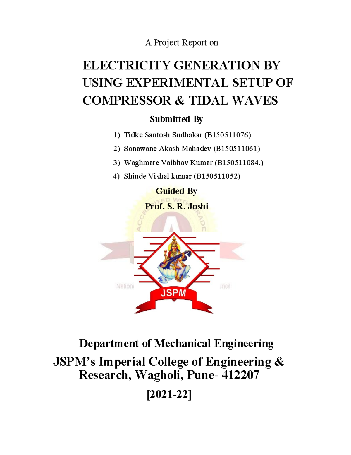 Blackbook front page s - Project work - A Project Report on ELECTRICITY ...