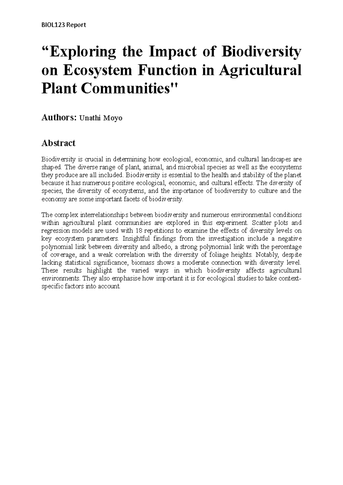BIOL123 Project - “Exploring the Impact of Biodiversity on Ecosystem ...