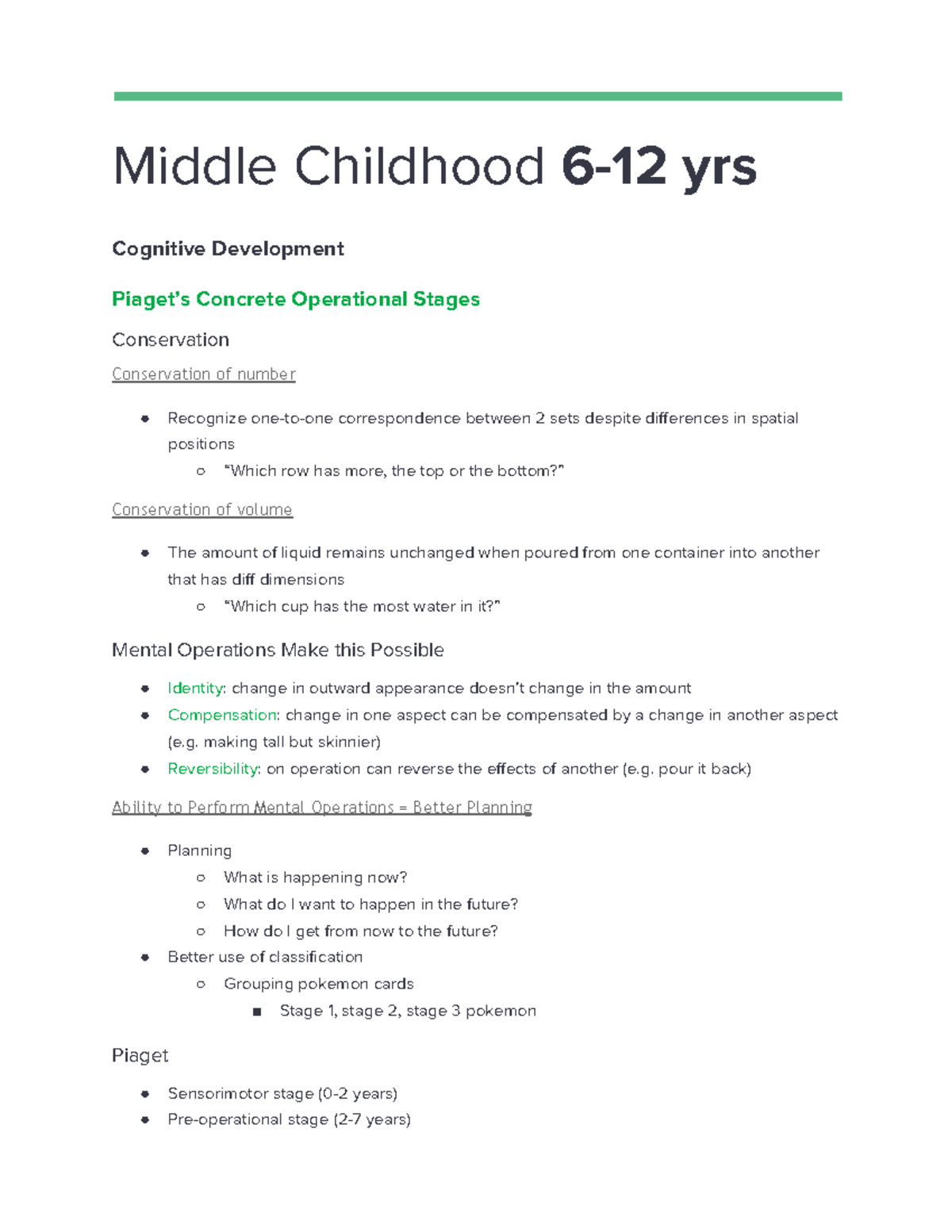 CHAD Cognitive Development In Class Notes - Middle Childhood 6-12 yrs ...