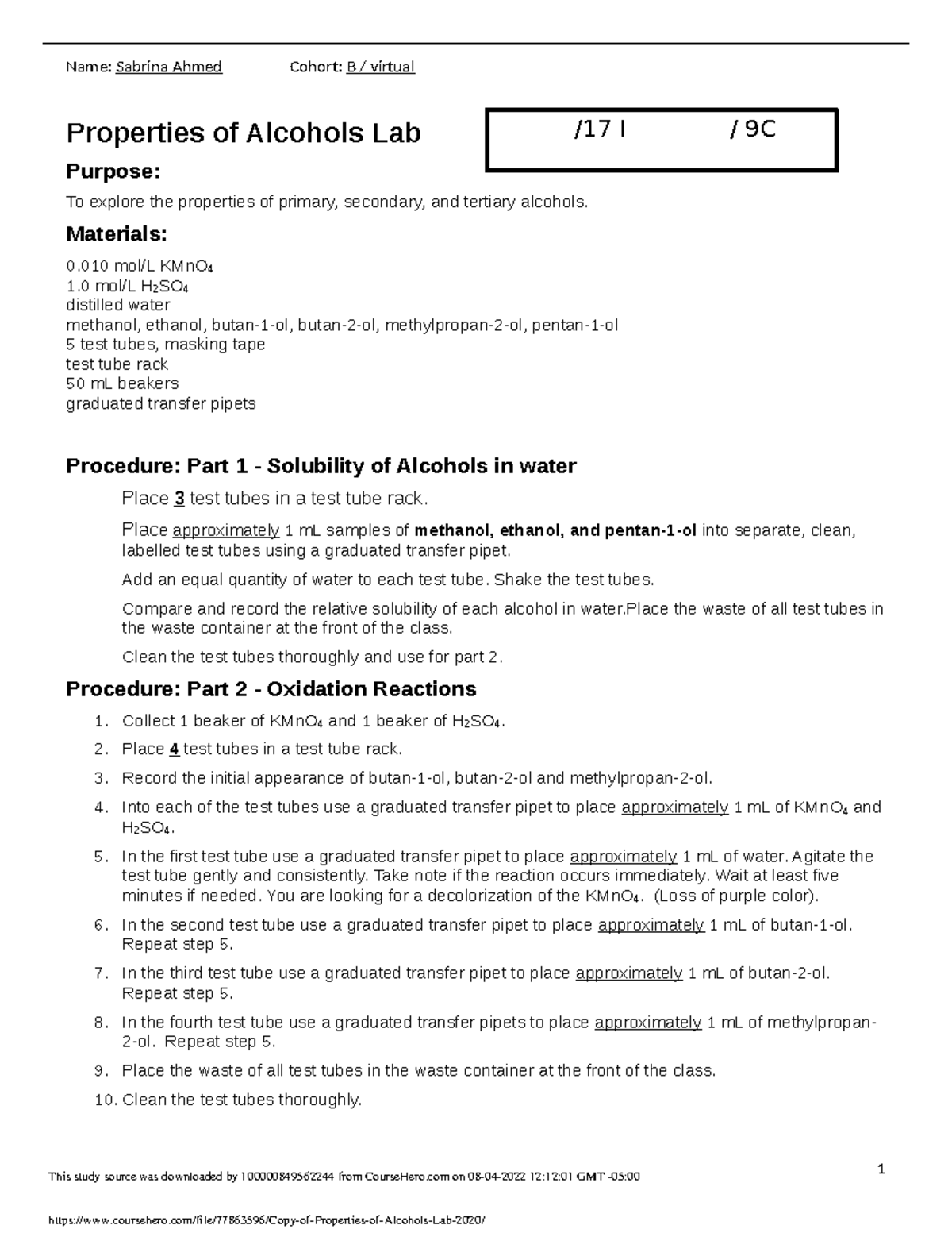 Copy of Properties of Alcohols Lab 2020 - Name: Sabrina Ahmed Cohort: B ...