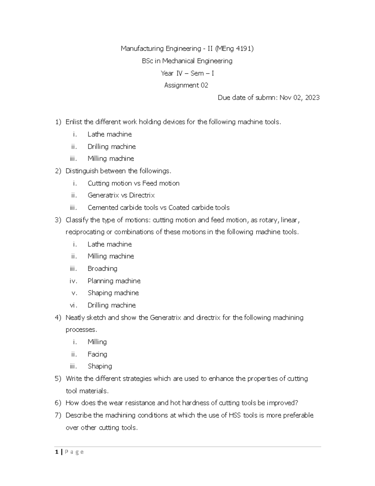 Assignment #02 - 1 | P a g e Manufacturing Engineering - II (MEng 4191 ...