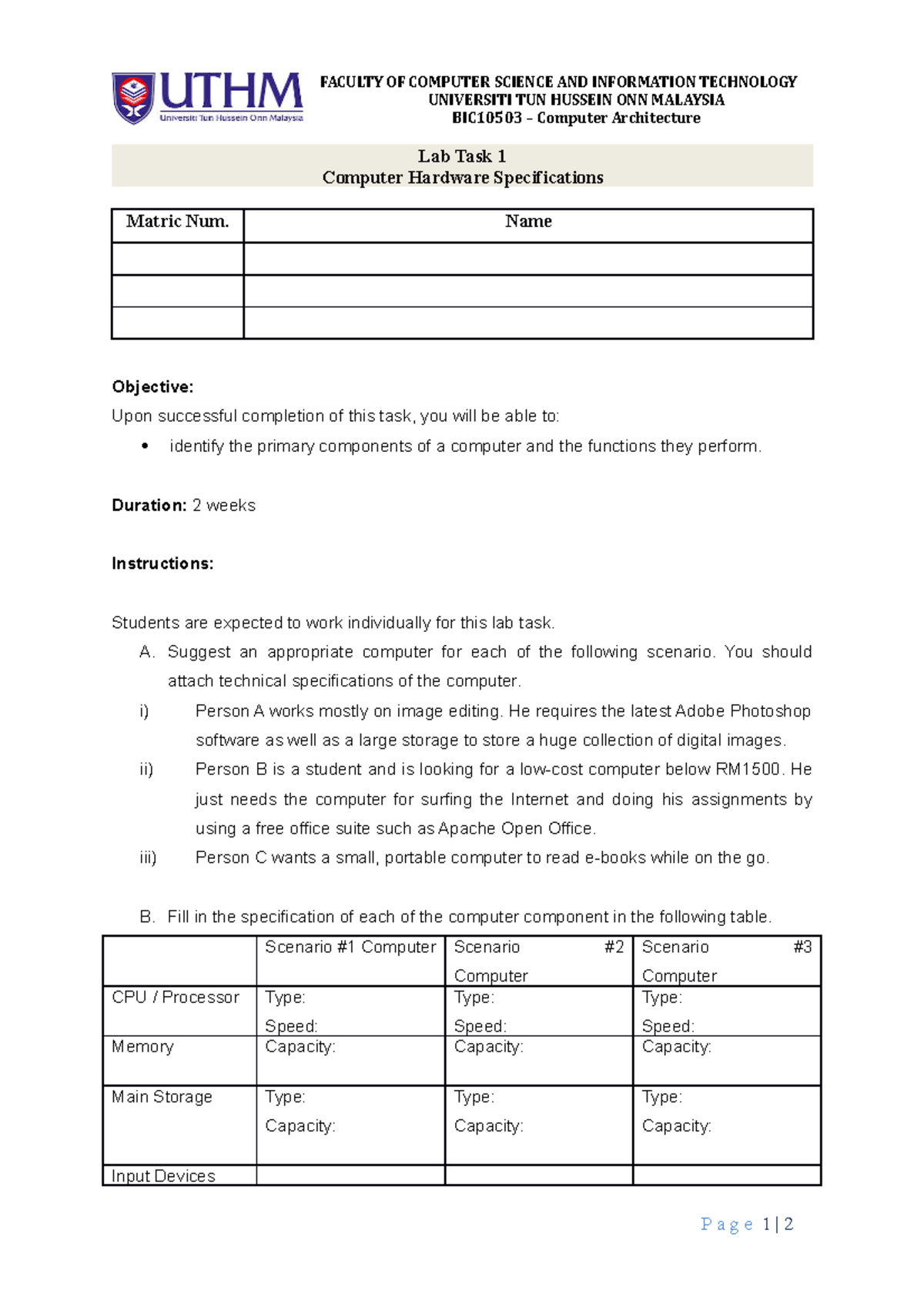 Labtask 1 Computerspecifications Faculty Of Computer Science And Information Technology