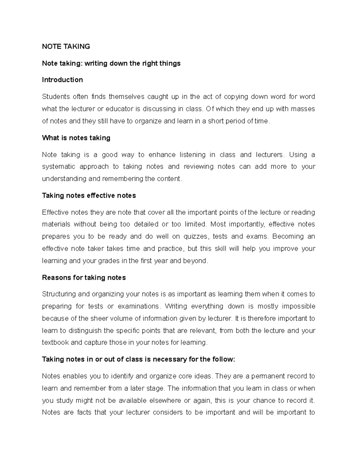 NOTE Taking - Lecture notes 3 - NOTE TAKING Note taking: writing down ...