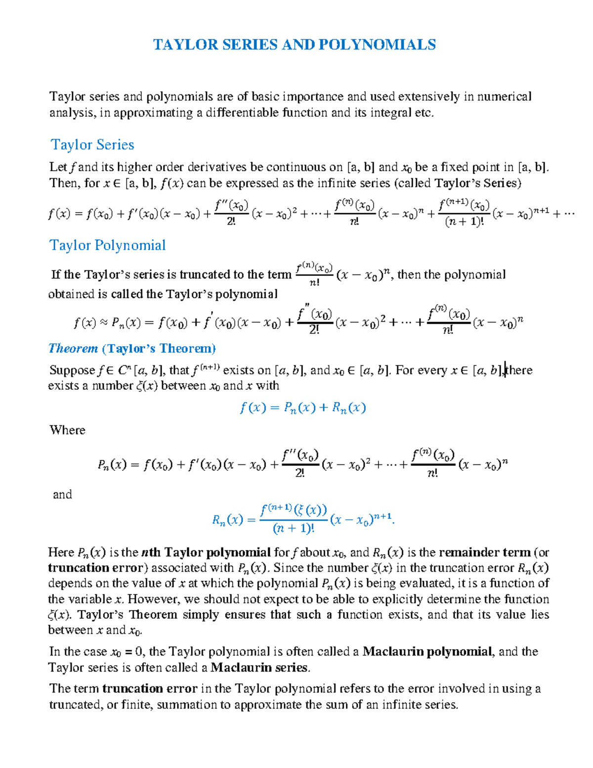 Taylor Series Part A - ///// - TAYLOR SERIES AND POLYNOMIALS Taylor ...